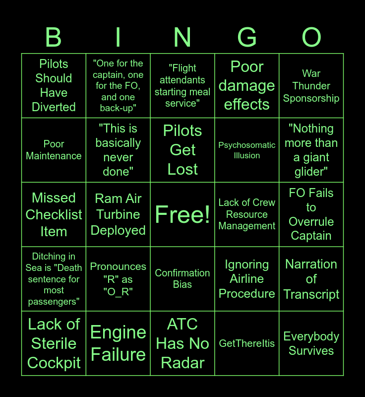 Green Dot Aviation Bingo Card