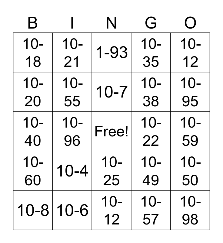 10 Codes Bingo Card