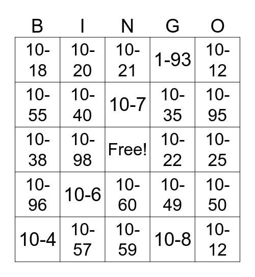 10 Codes Bingo Card