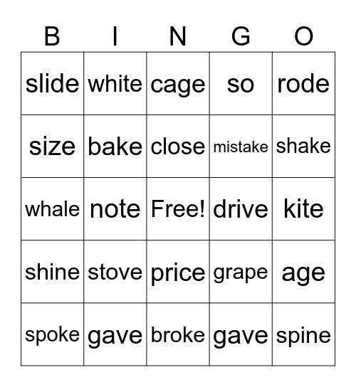 Silent E Words Bingo Card