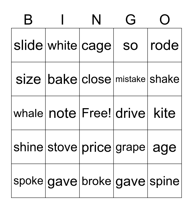 Silent E Words Bingo Card