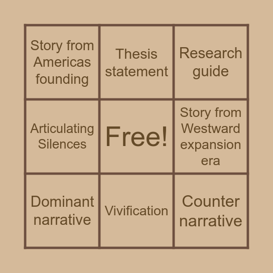 American Narratives Exhibition Bingo Card