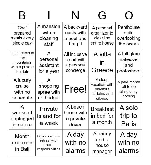 Caregiver Fantasy Wish List Bingo Card