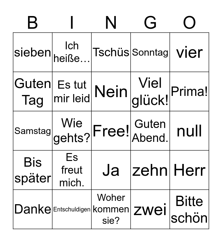 German Greetings Bingo Card