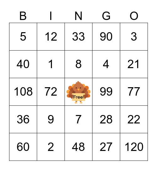 Thanksgiving Math Bingo Card