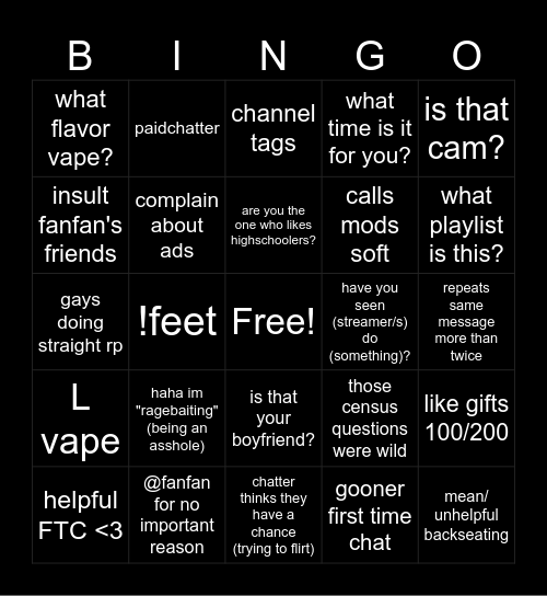 fanfan chat bingo Card