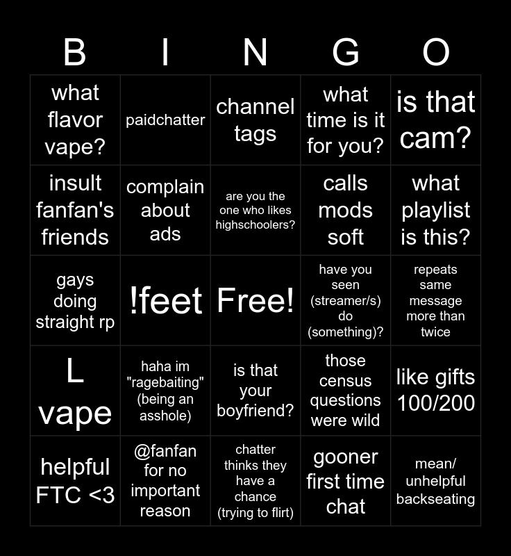 fanfan chat bingo Card