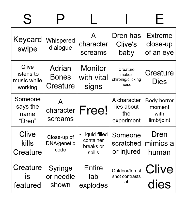 SPLICE Bingo Card