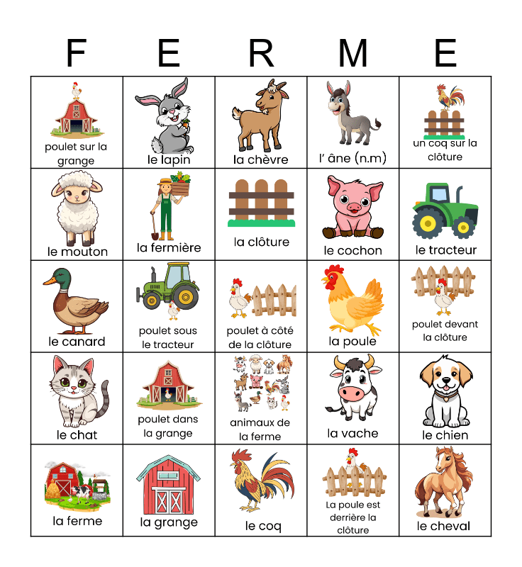 Bingo à la ferme Bingo Card