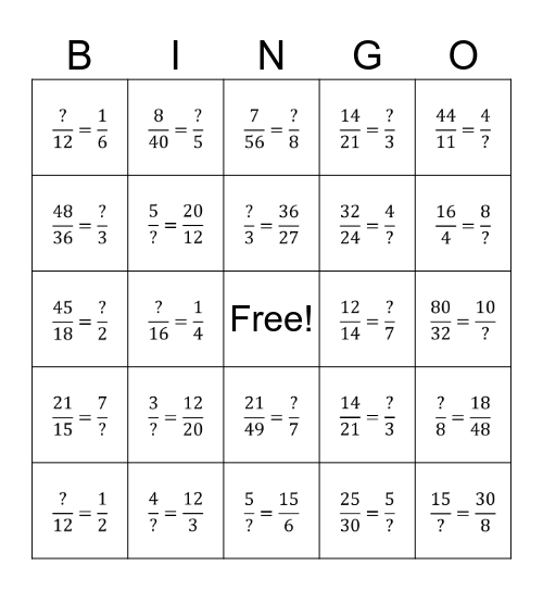 Proportions Bingo Card