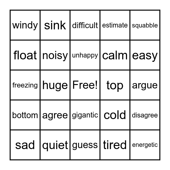 Synonyms and Antonyms Bingo Card