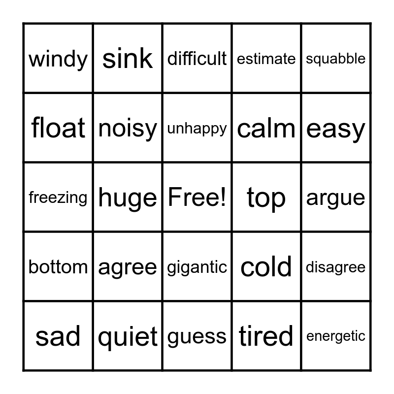 Synonyms and Antonyms Bingo Card