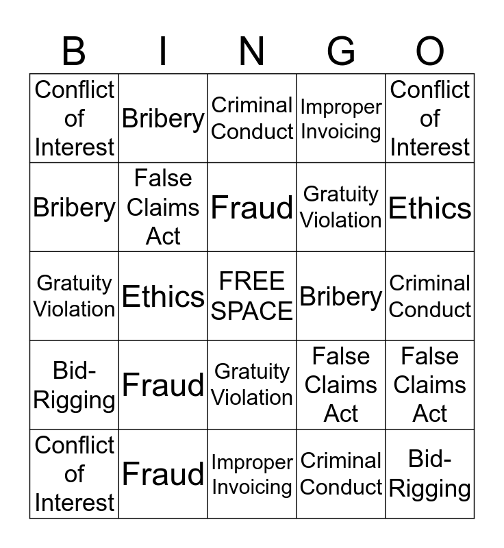 Ethics Bingo Card