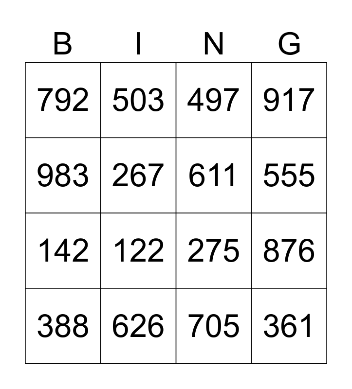 Hundreds Bingo Card