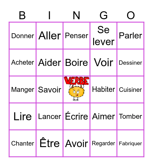 Bingo des verbes Bingo Card