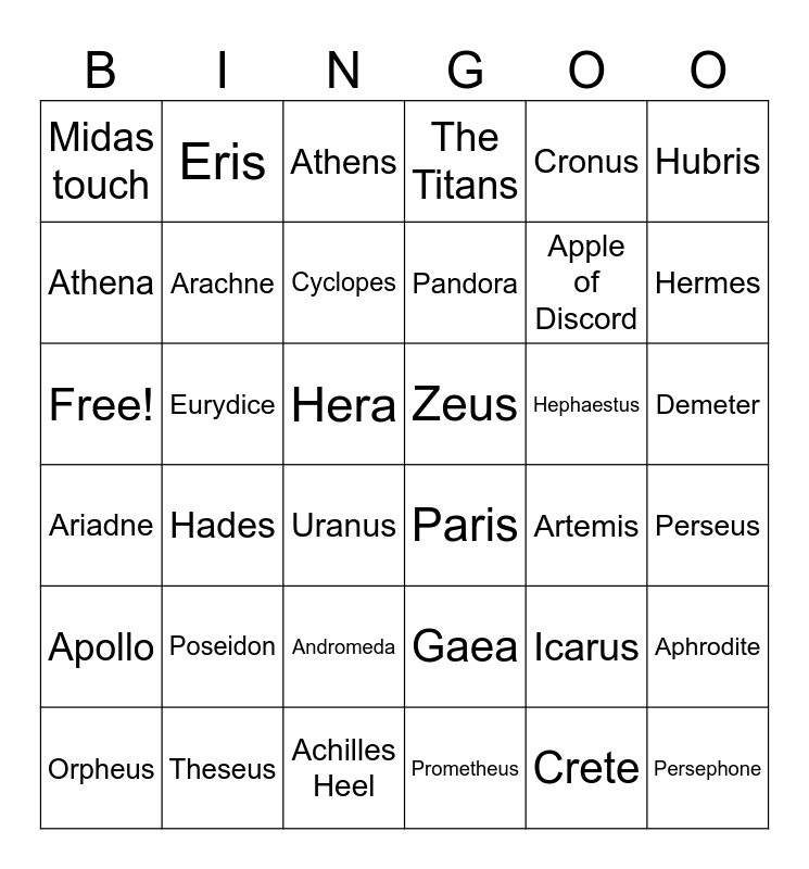 Greek Mythology Bingo Card