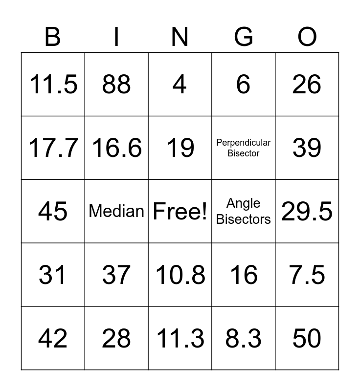 Centers of Triangles Bingo Card