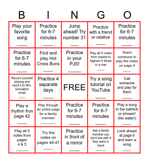 Beginning Band Bingo Card