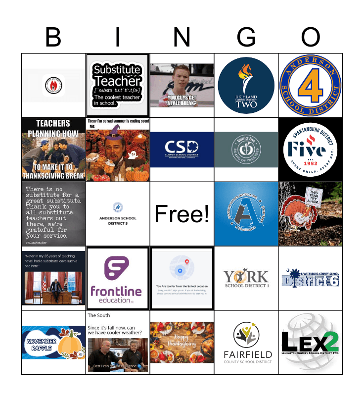 Fall Break Bingo - ESS South Carolina Bingo Card