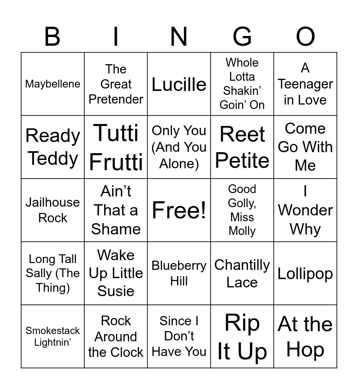 50s Rock & Roll Music Bingo R1 Bingo Card