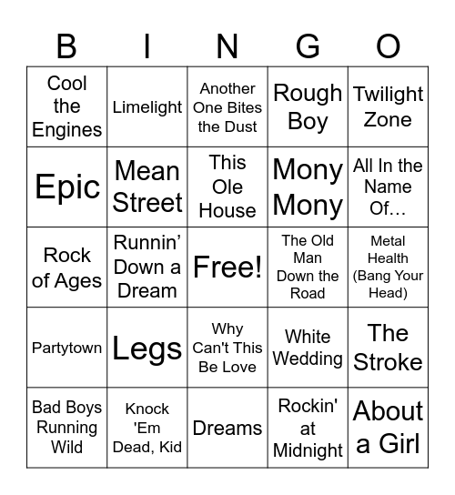 80s Rock & Roll Music Bingo R4 Bingo Card