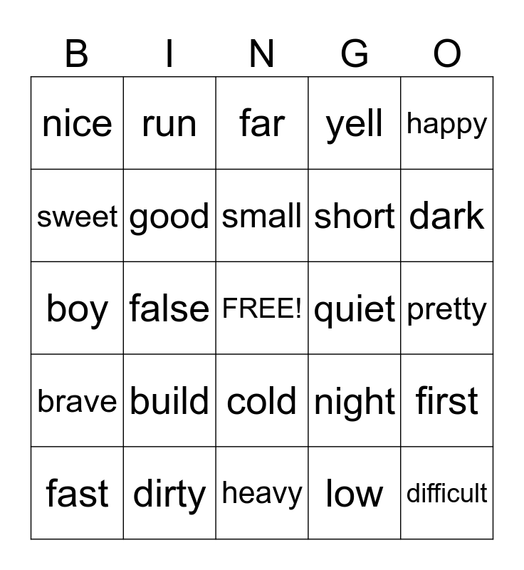 Synonyms and Antonyms Bingo Card