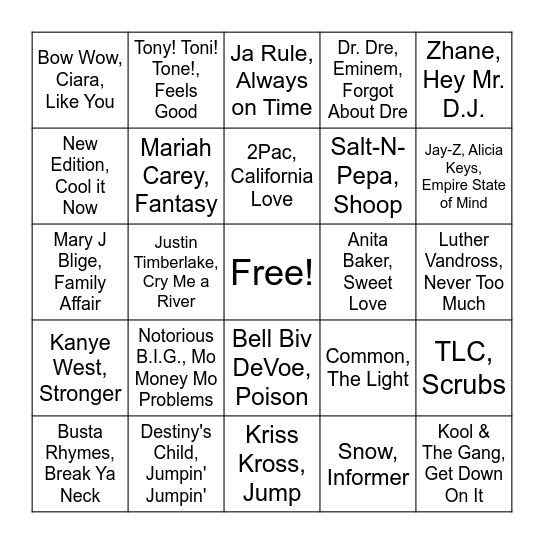 Rap, Hip-hop, R&B Bingo Card