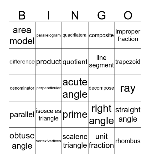 Common Core Math Vocabulary Bingo Card