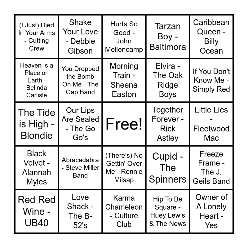 80's BILLBOARD'S HITS Bingo Card