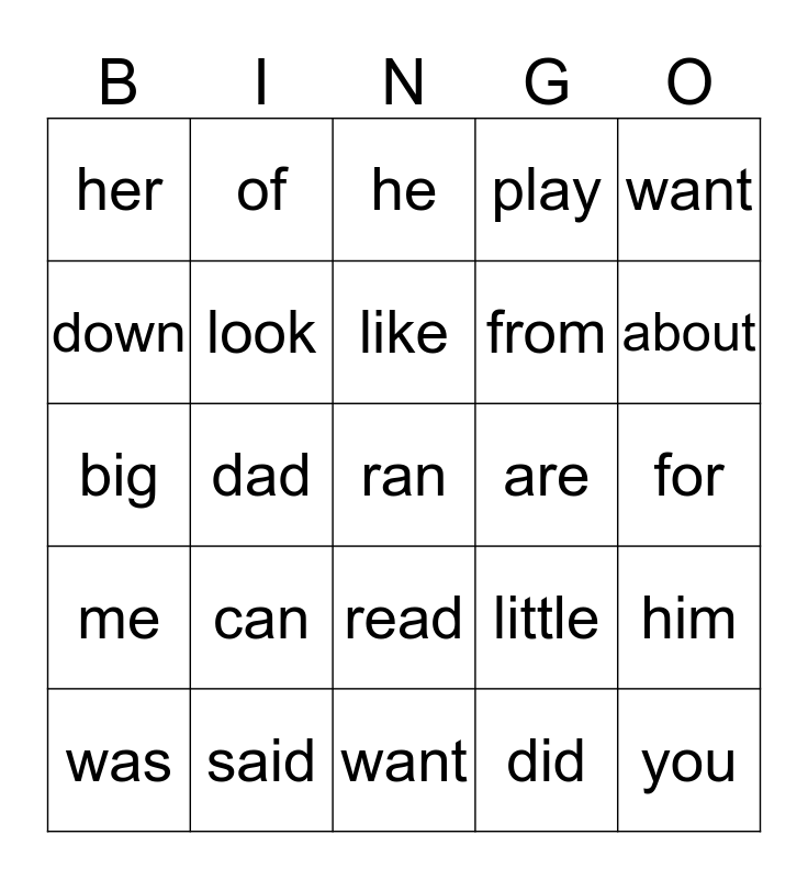Kindergarten Sight Word Bingo Card