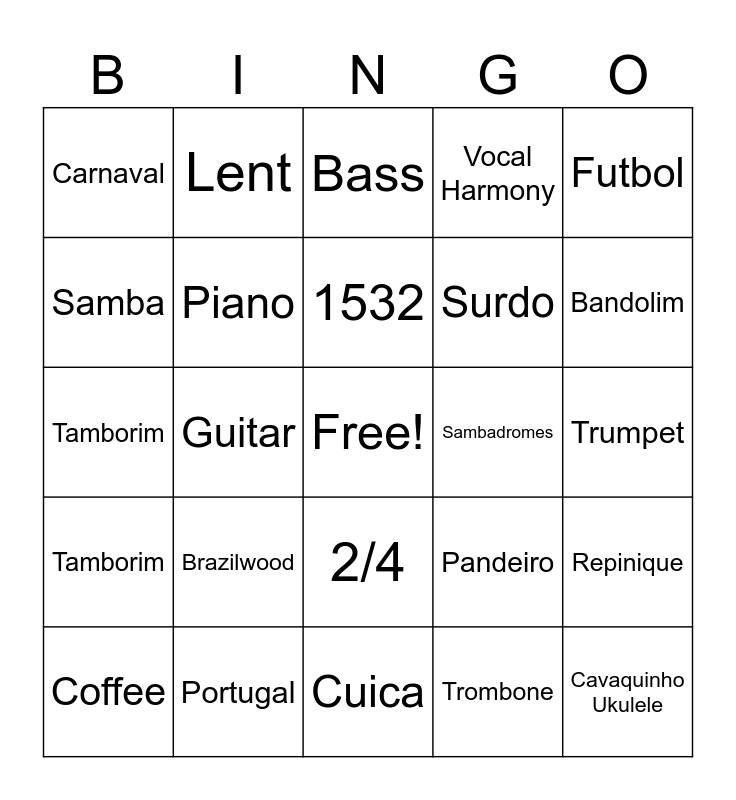 Brazil and Samba Bingo Card
