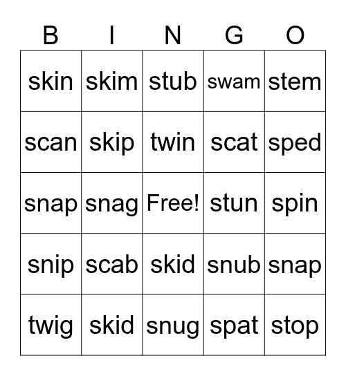 Initial S-Blends Bingo Card