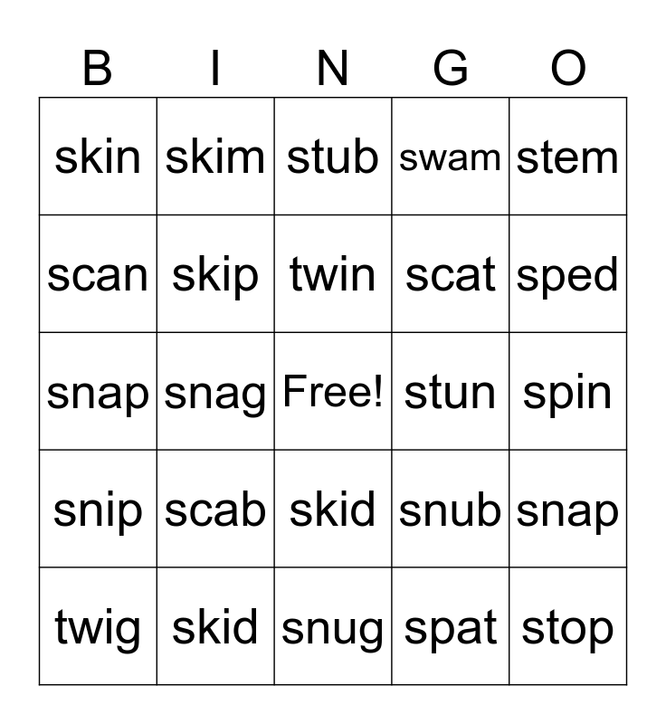 Initial S-Blends Bingo Card