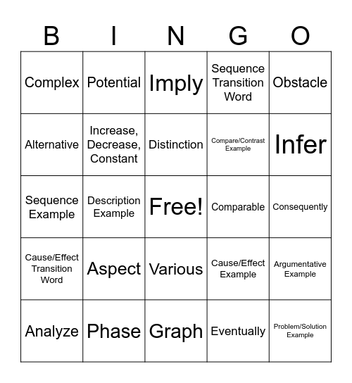 Academic Vocabulary / Transition and Signal Words Bingo Card