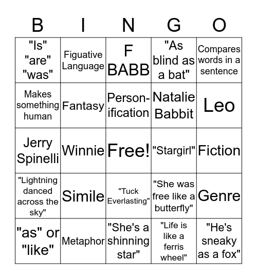 Simie, Metaphor, Personification Bingo Card