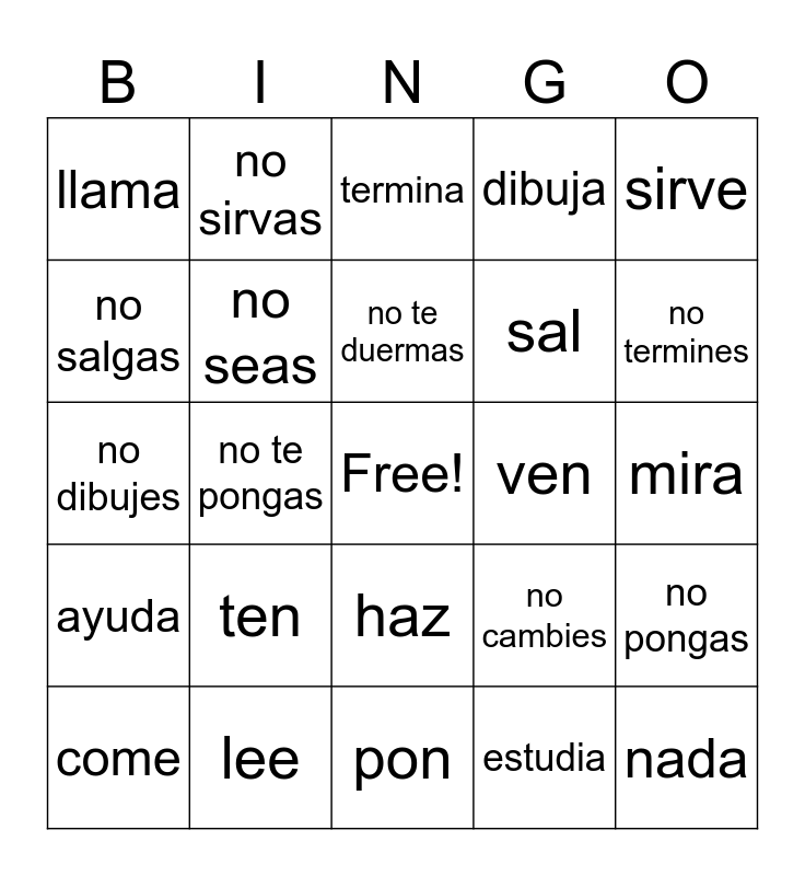 Commands Bingo Card