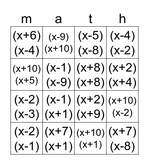 Factoring Polynomials Bingo Card