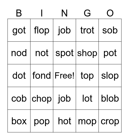 Level C- short o Bingo Card