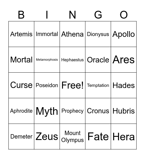 Greek Mythology BINGO Card