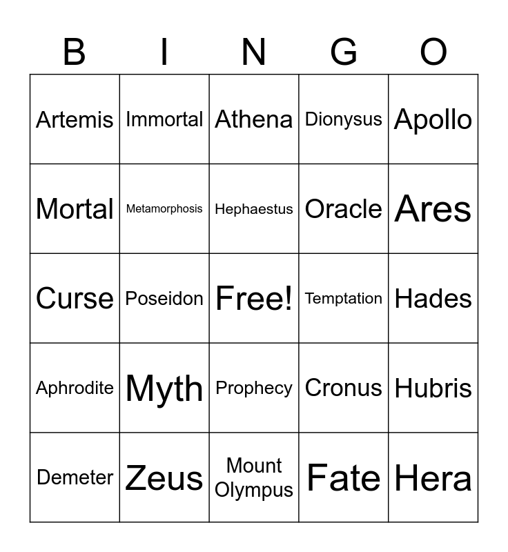 Greek Mythology BINGO Card
