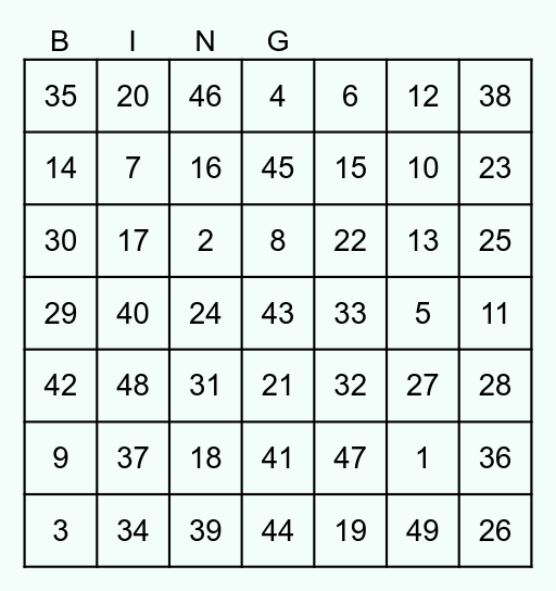 NUMBER BINGO 1 - 49 Bingo Card