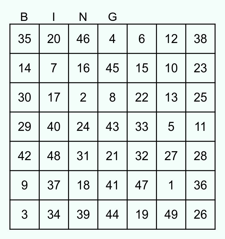 NUMBER BINGO 1 - 49 Bingo Card