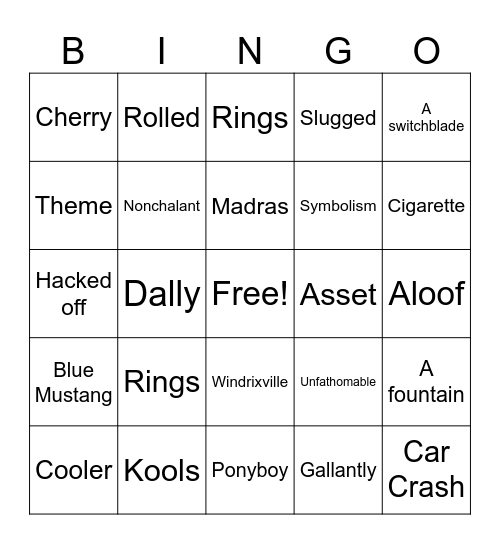 The Outsiders Bingo Card