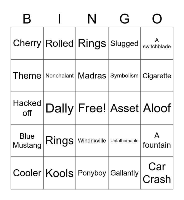 The Outsiders Bingo Card