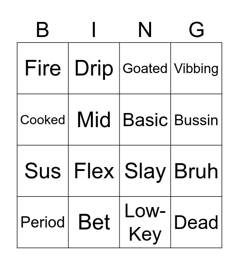 Middle School Lingo BINGO Card