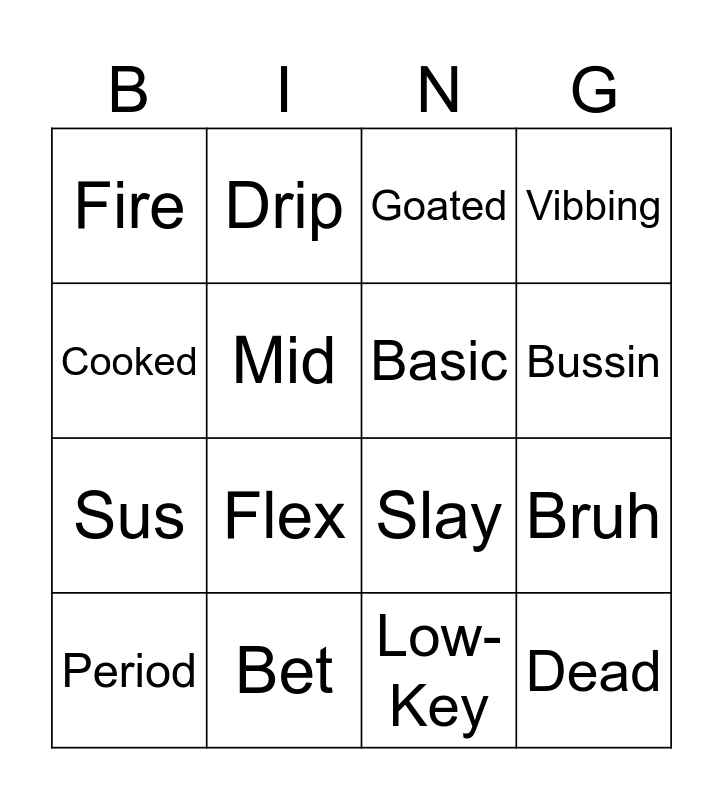 Middle School Lingo BINGO Card