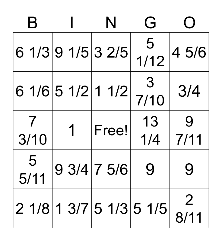 Adding and Subtracting Mixed Numbers Bingo Card