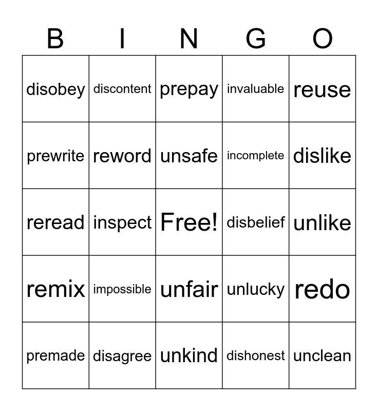 Prefix Bingo Card