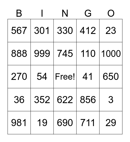 Number Bingo 1-1000 Bingo Card
