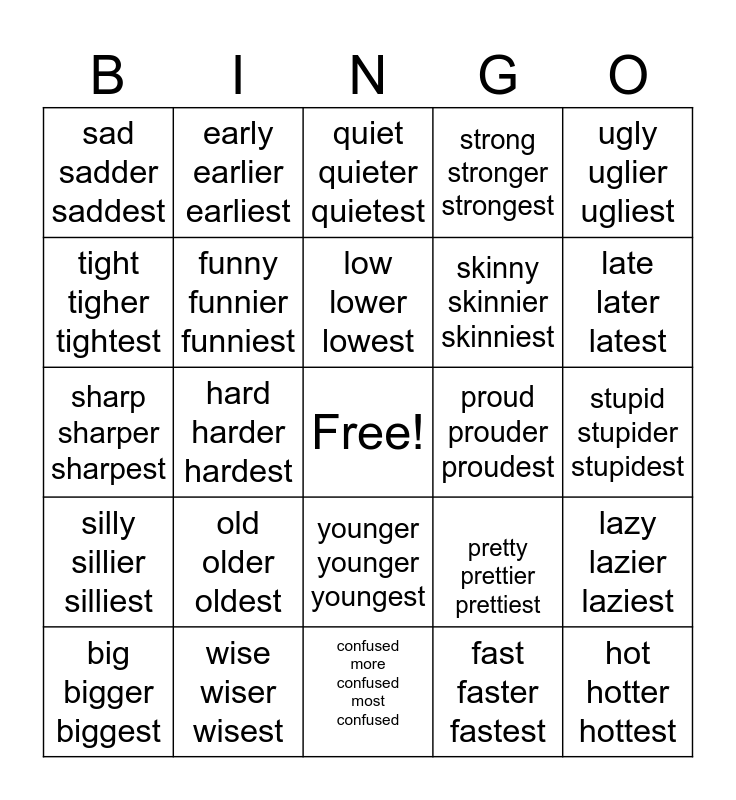 Adjectives: Positive, Comparative, Superlative Bingo Card